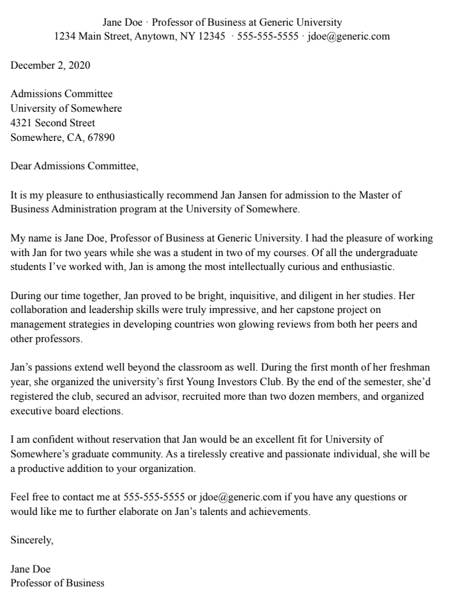 Letter Of Recommendation Format With Examples